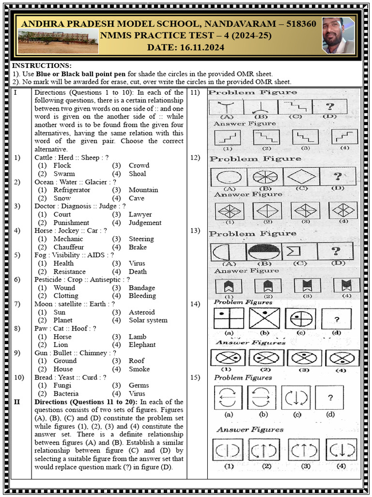 SPR NMMS Practice Question Paper - 4 & Key (2024-25) Dated 26.11.2024 ...