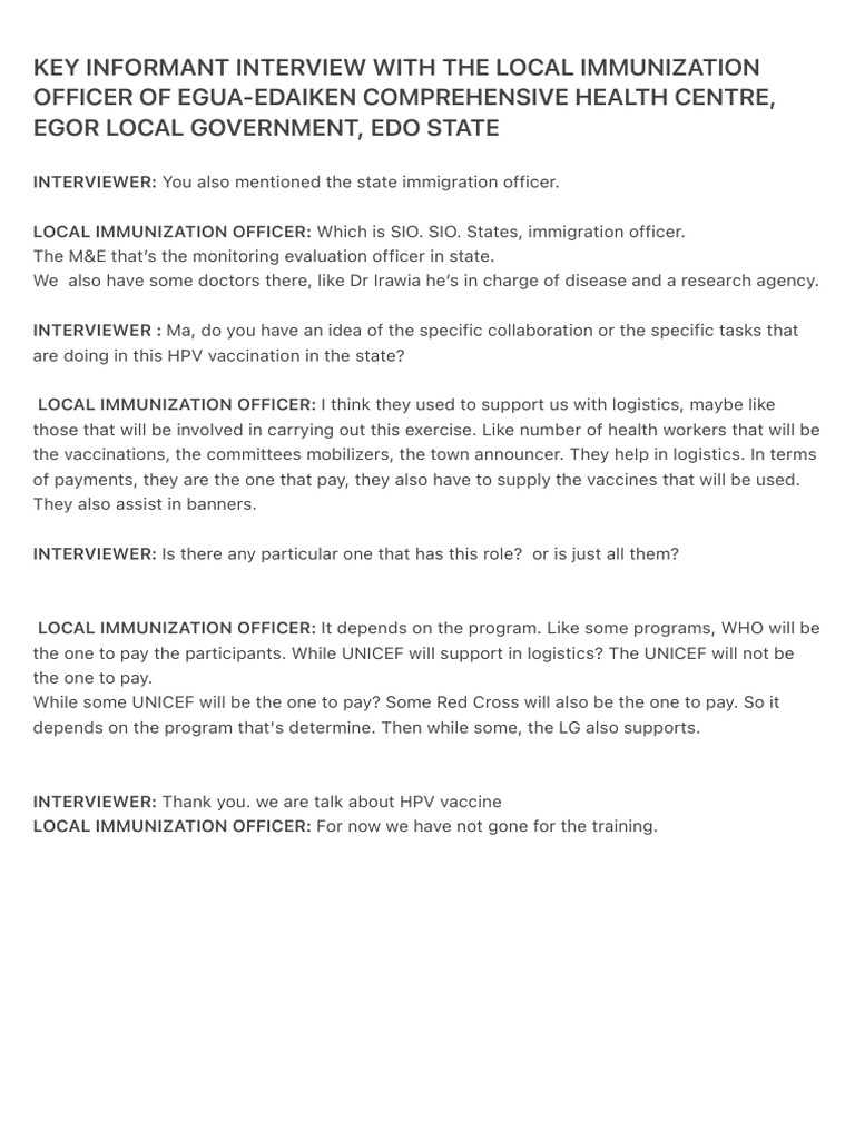 Key Informant Interview With The Local Immunization Officer of Egua | PDF