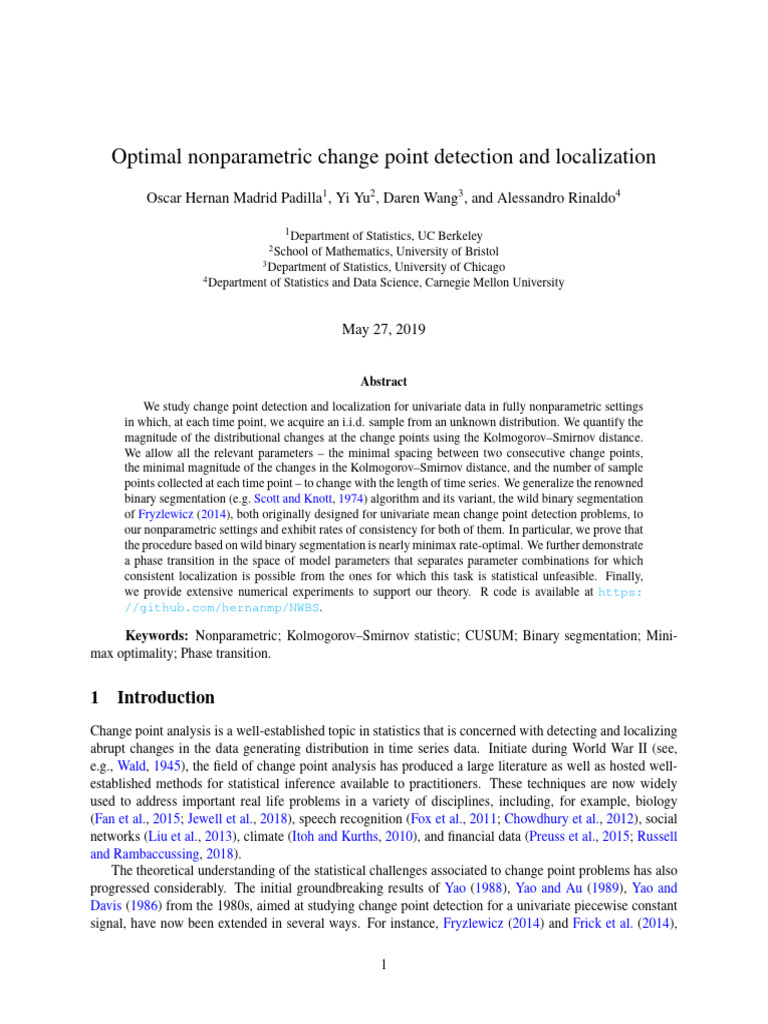 Optimal Nonparametric Change Point Detection and Localization | PDF | Probability Distribution ...