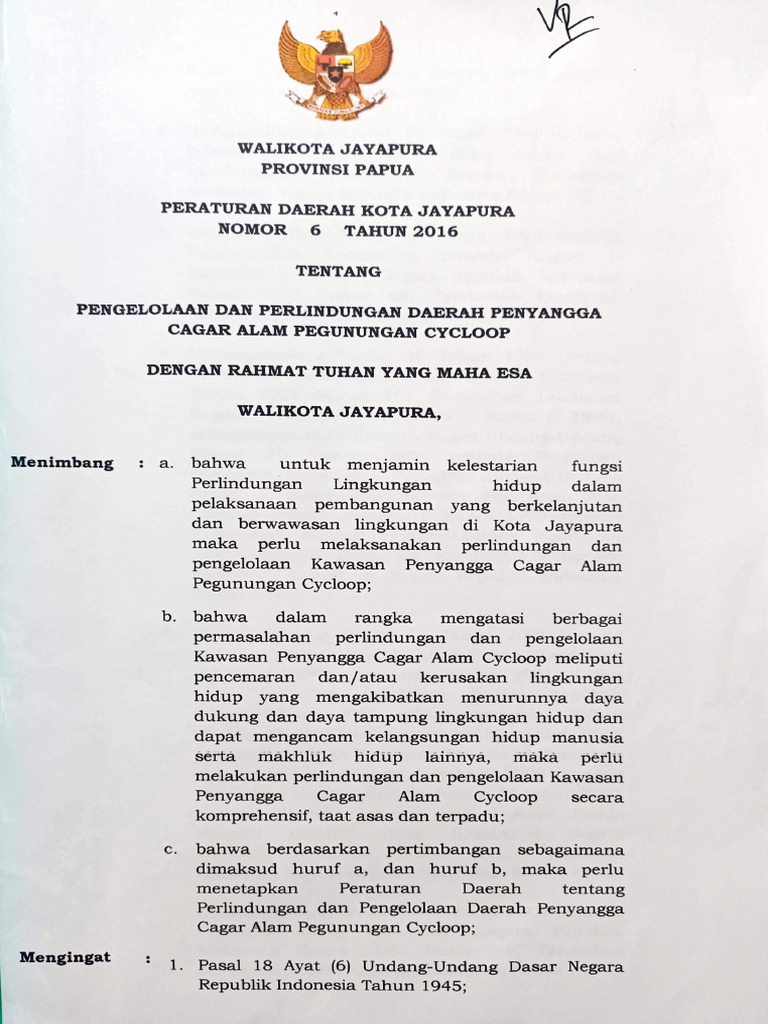 Perda No 6 Tahun 2016 Pengelolaan & Perlindungan Cycloop | PDF