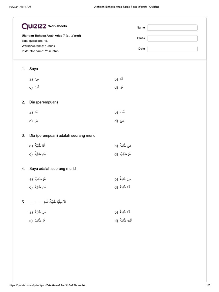 Ulangan Bahasa Arab Kelas 7 (At-Ta'aruf) - Quizizz | PDF