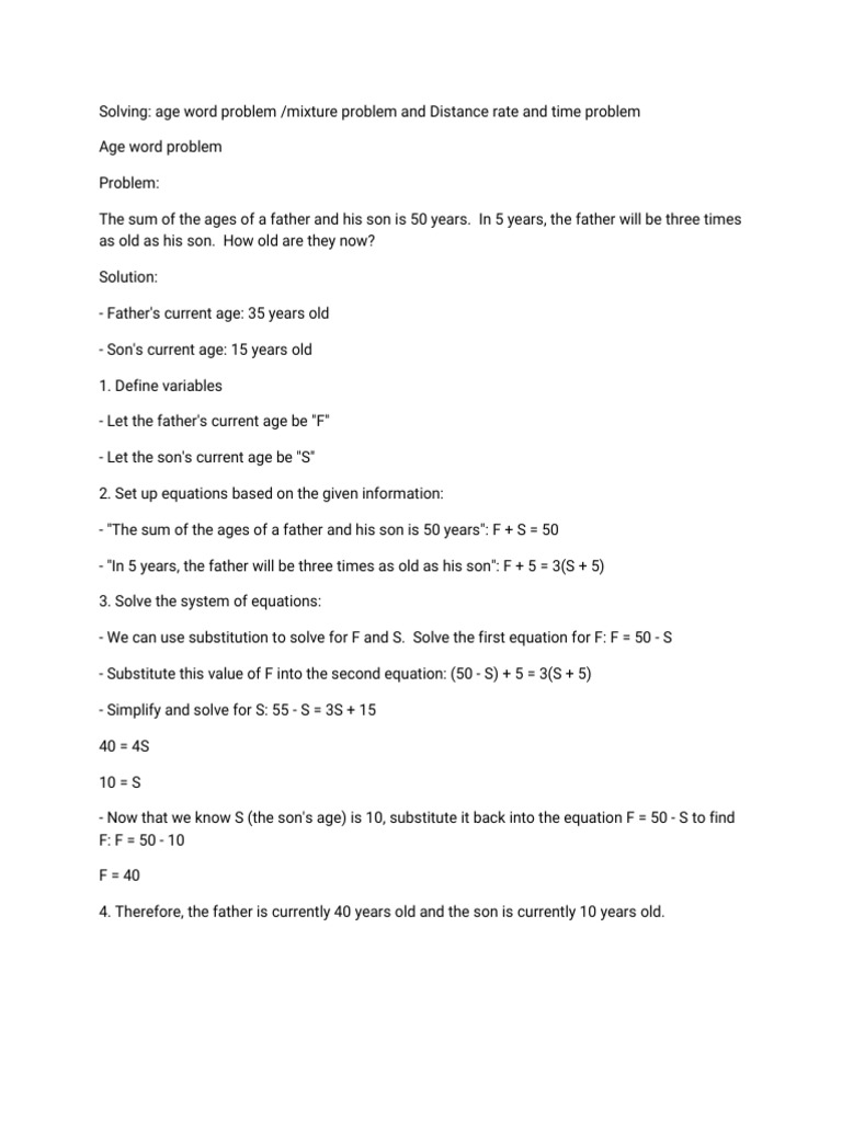 Solving: Age Word Problem, Mixture Problem, Distance Rate and Time Problem | PDF | Equations ...