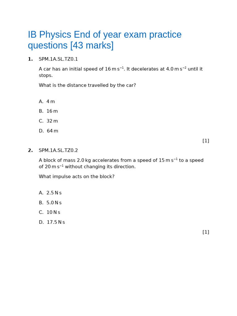 IB Physics Exam Practice Questions | PDF | Force | Waves