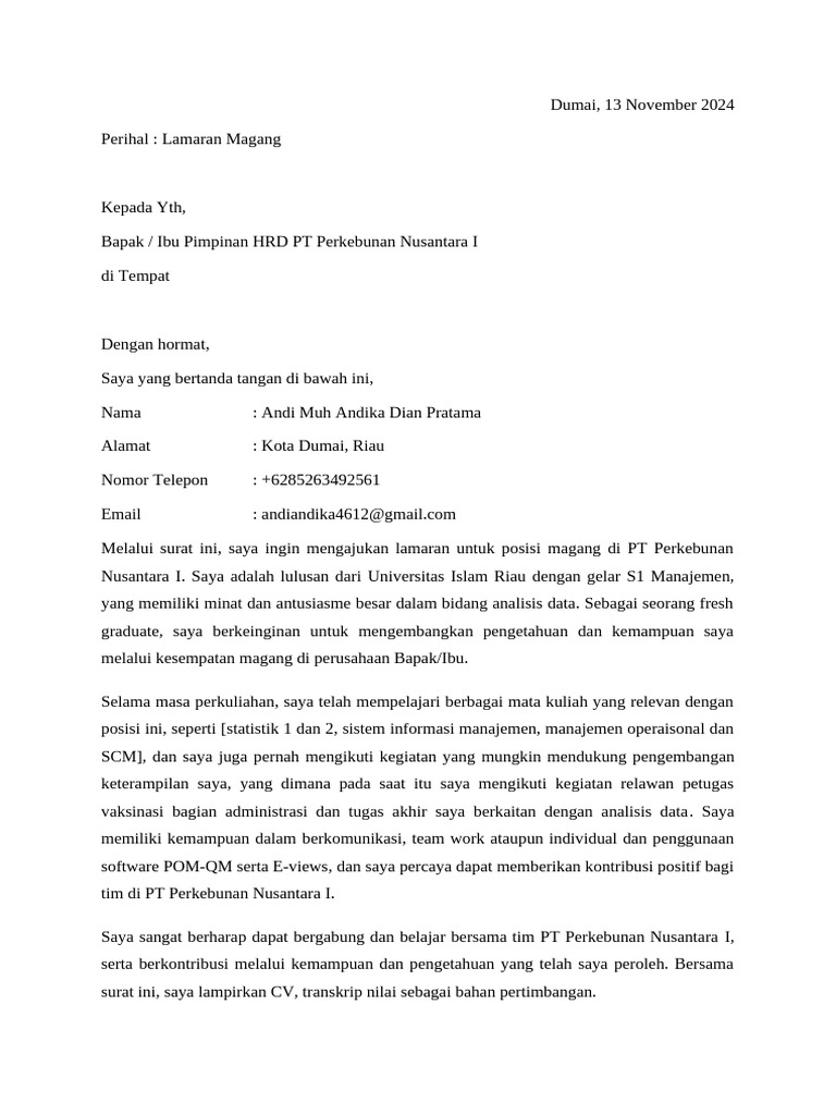 SUrat Lamaran Magang | PDF