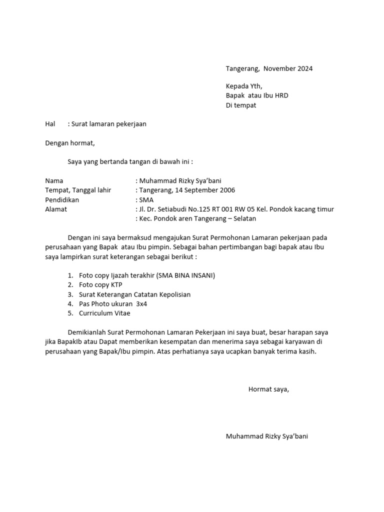 Surat Lamaran Kerja Muhammad Rizky | PDF