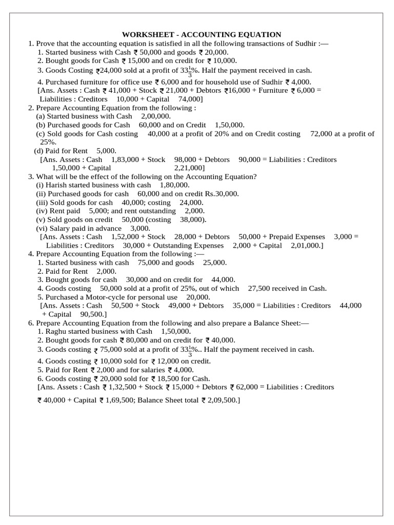 Accounting Equation Worksheet Guide | PDF | Debits And Credits ...