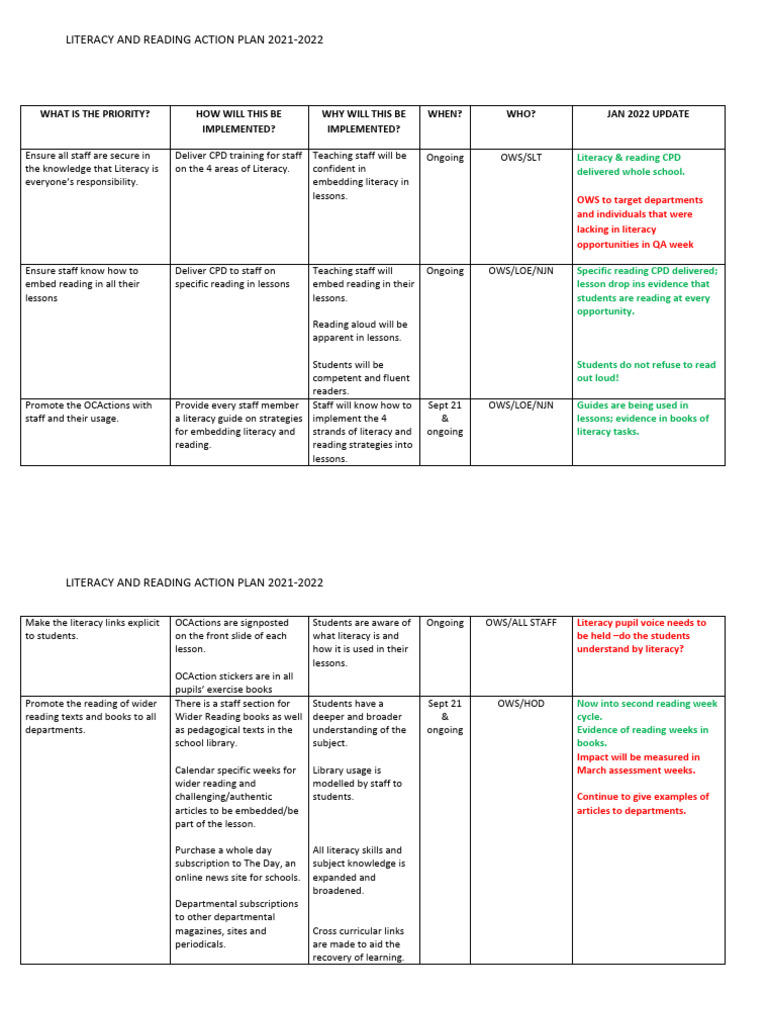 Literacy and Reading Action Plan 2021-2022 | PDF | Literacy | Applied ...