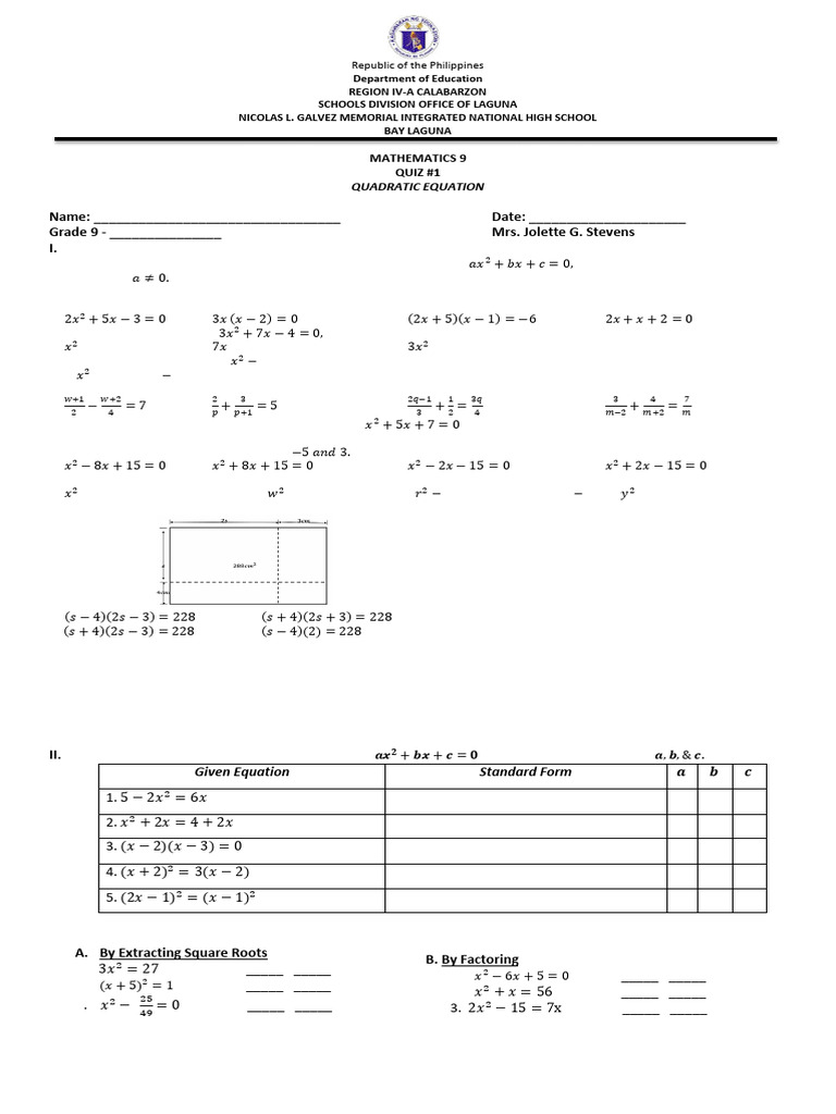Q1 Quiz 1 | PDF | Equations | Quadratic Equation