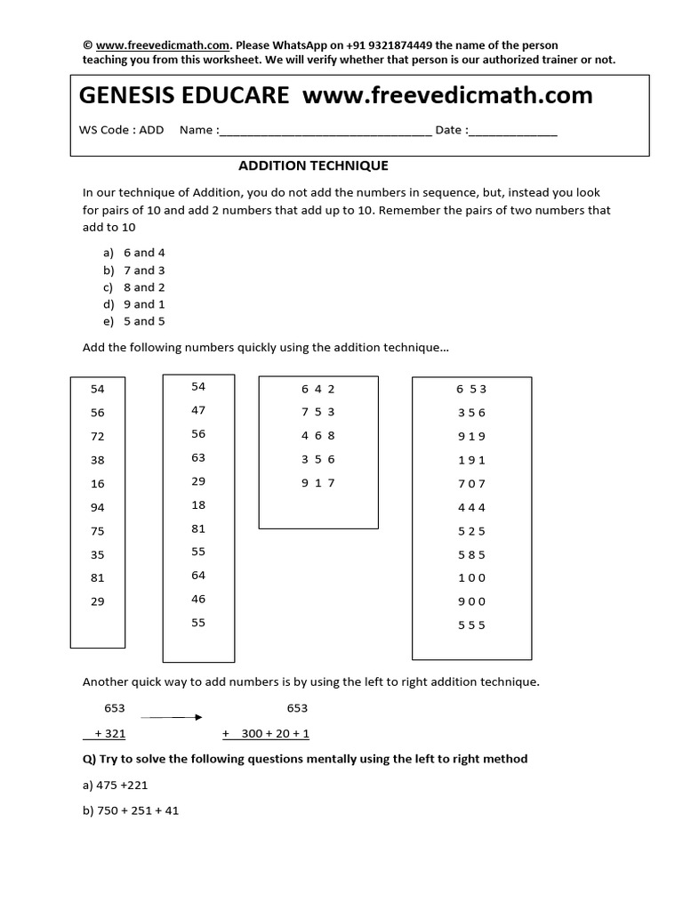 Vedic Math Worksheet 5 - Addition | PDF