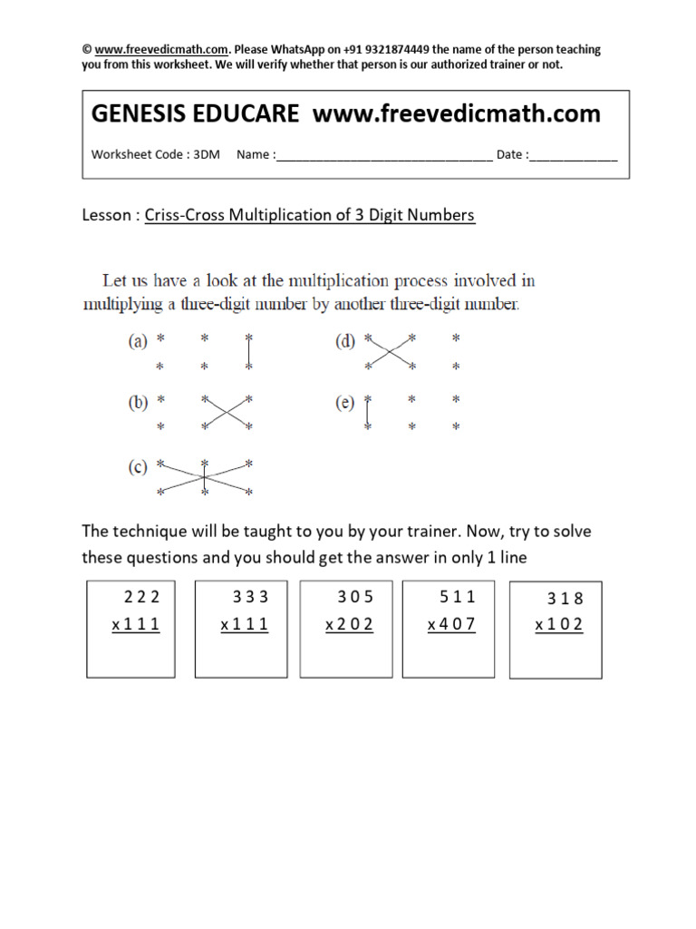 Vedic Math Worksheet 4 - 3 Digit Criss Cross Multiplication | PDF ...