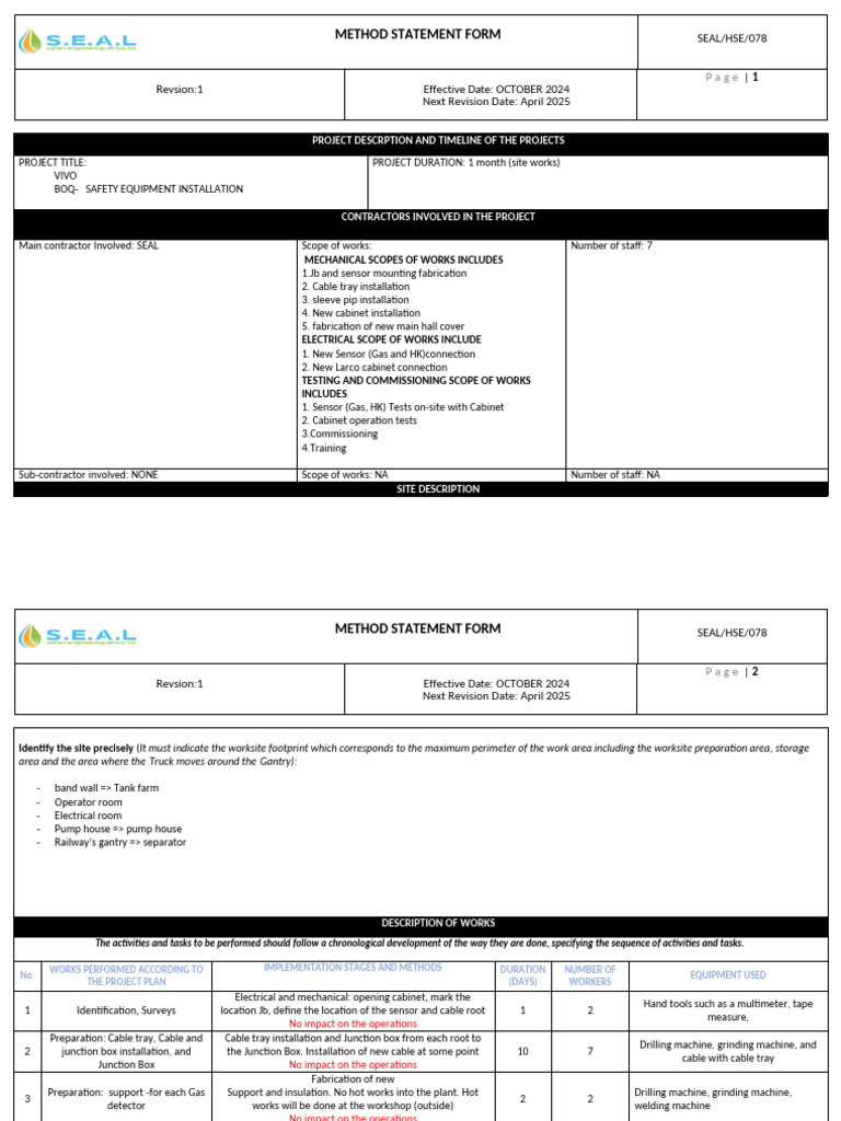 Vivo Zambia Seal - Method - Statement | PDF | Manufactured Goods | Tools