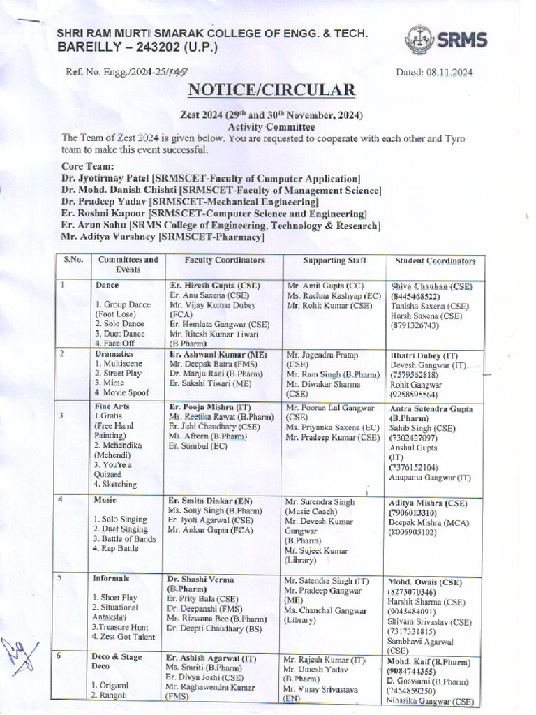 Notice-Circular For Zest-2024 Activity Committee | PDF