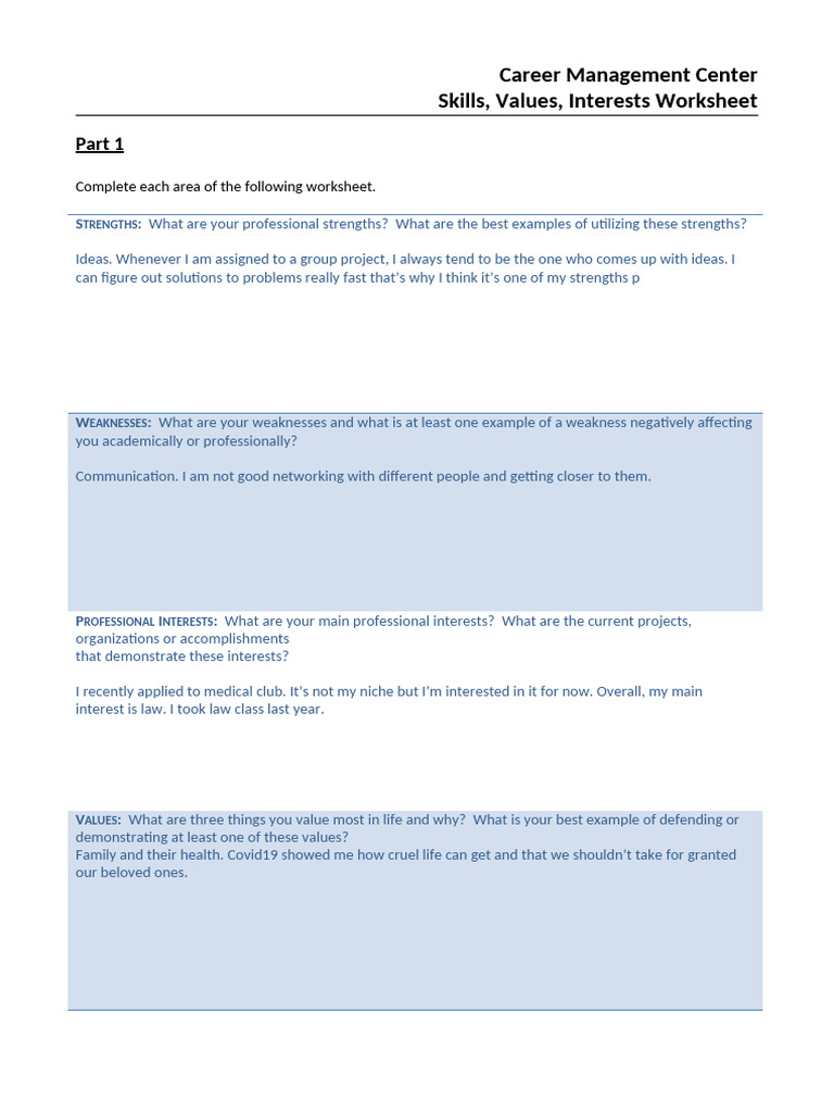 Skills, Interests and Values Matching Worksheet | PDF | Goal | Information