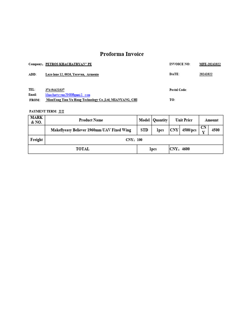 Proforma Invoice: Mark & NO. Model Product Name Quantity Amount Unit ...