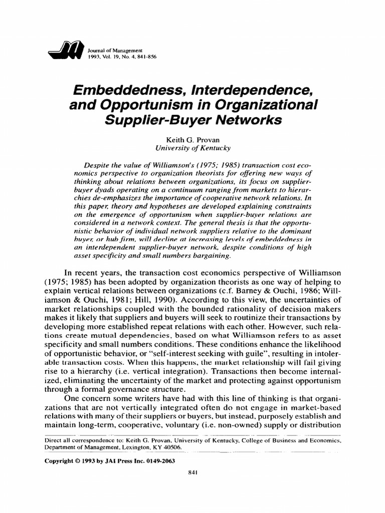Embeddedness Interdependence and Opportunism in Organiz - 1993 - Journal of Ma | PDF ...