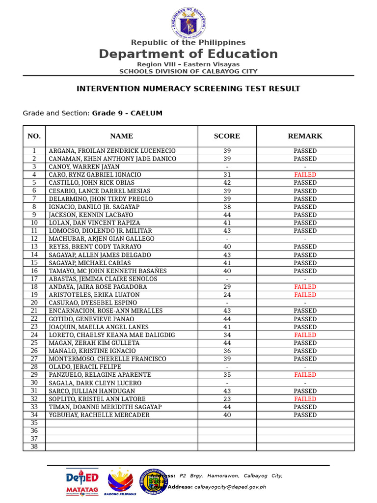 Intervention Numeracy Screening Test Result 9 Caelum | PDF