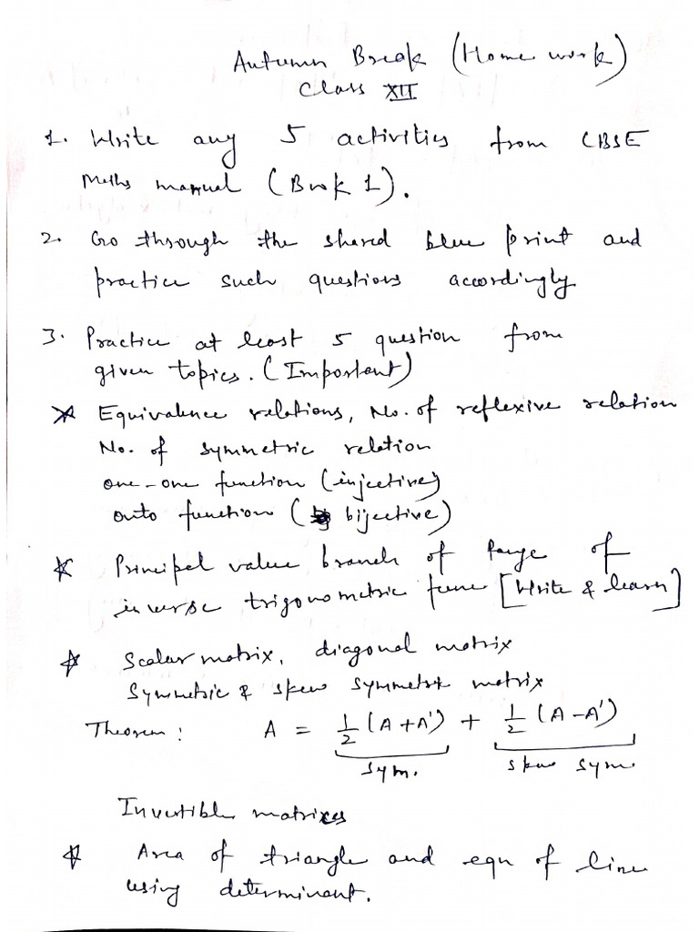 Autumn Break Homework Class 12 | PDF