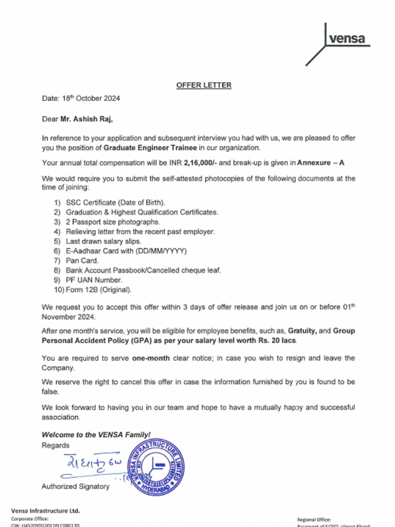 Vensa Offer Letter - Ashish Raj | PDF