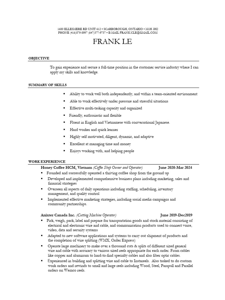 Frank Le - Resume New 1680 | PDF | Inventory | English As A Second Or ...