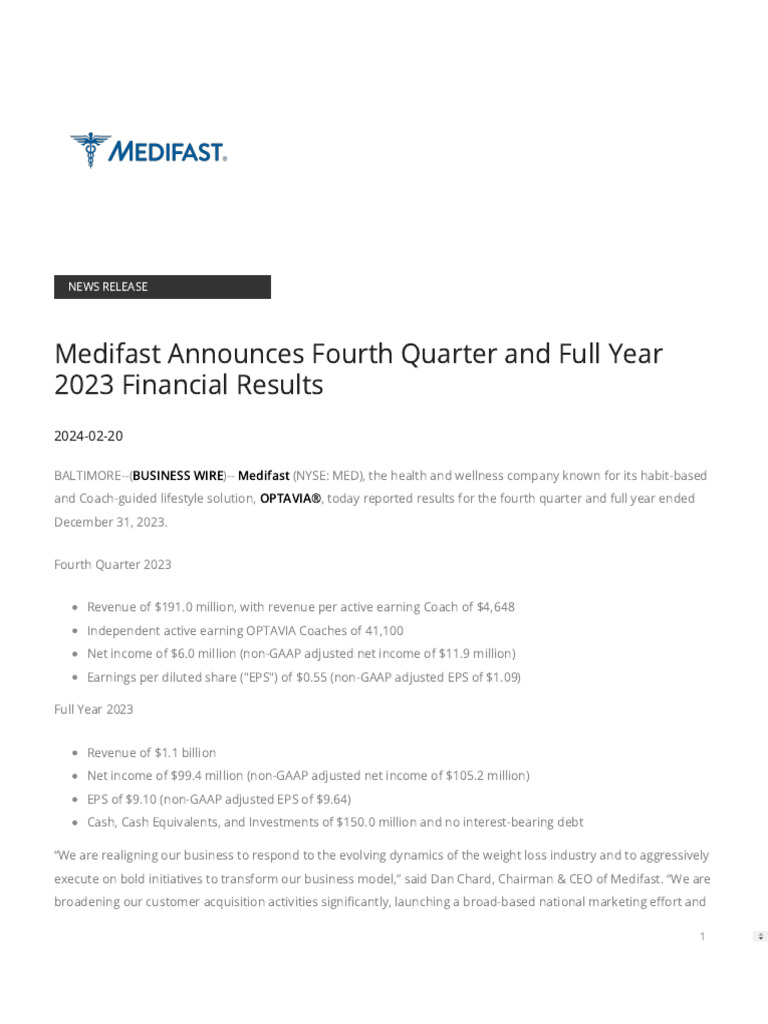 Medifast Announces Fourth Quarter and Full Year 2023 Financial Results ...