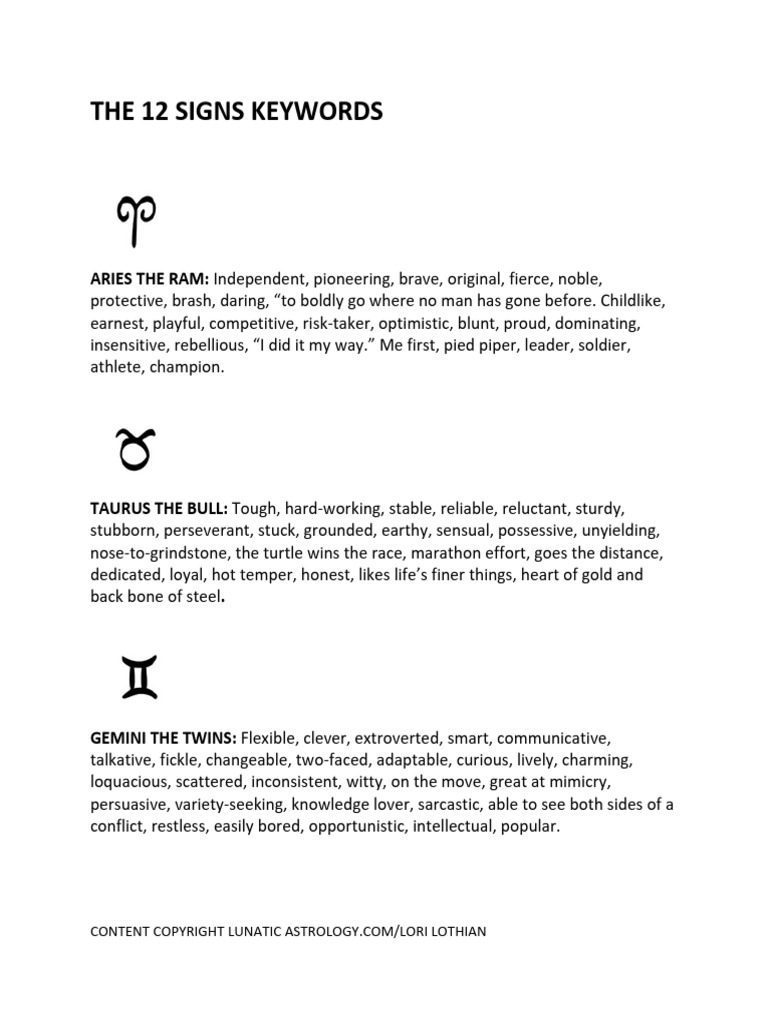 The 12 Signs Cheat Sheet Keywords - 1-2 | PDF | Astrology | Esoteric ...