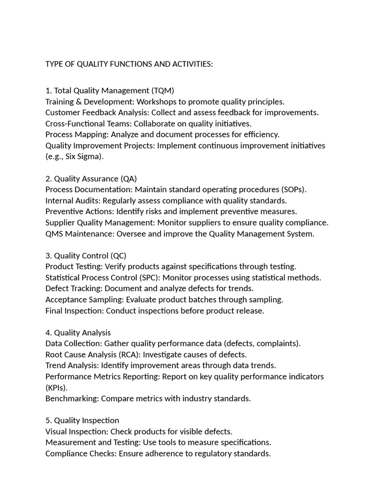 Type of Quality Functions and Activities | PDF