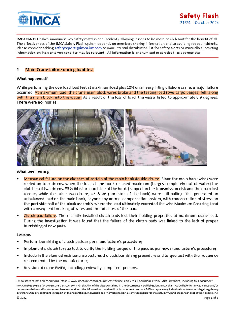 IMCA Safety Flash: October 2024 Alerts | PDF | Crane (Machine) | Clutch