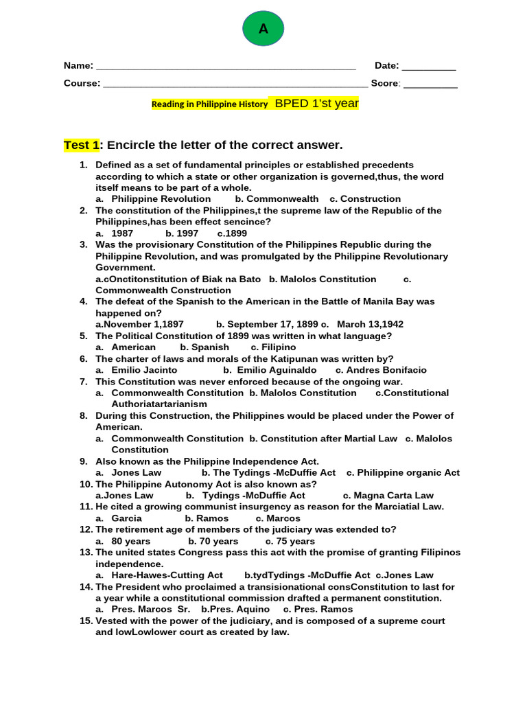 Philippine History Test Questions | PDF | Philippines | Government