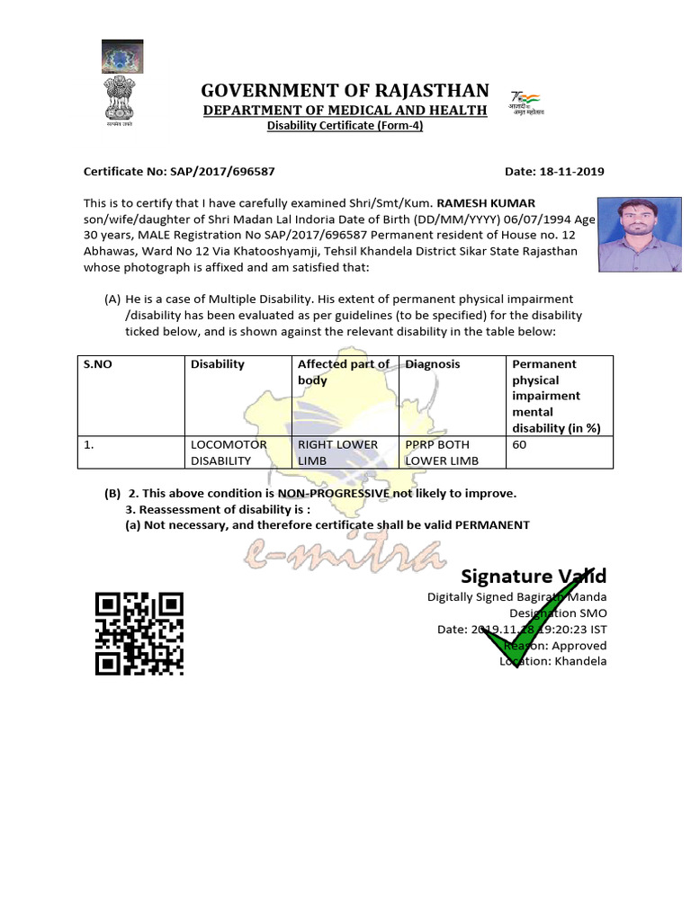 Ramesh Phsical Handicap Certificate | PDF