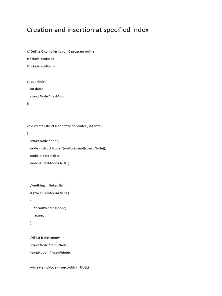 Creation and Insertion at Specified Index Single Linked List | PDF