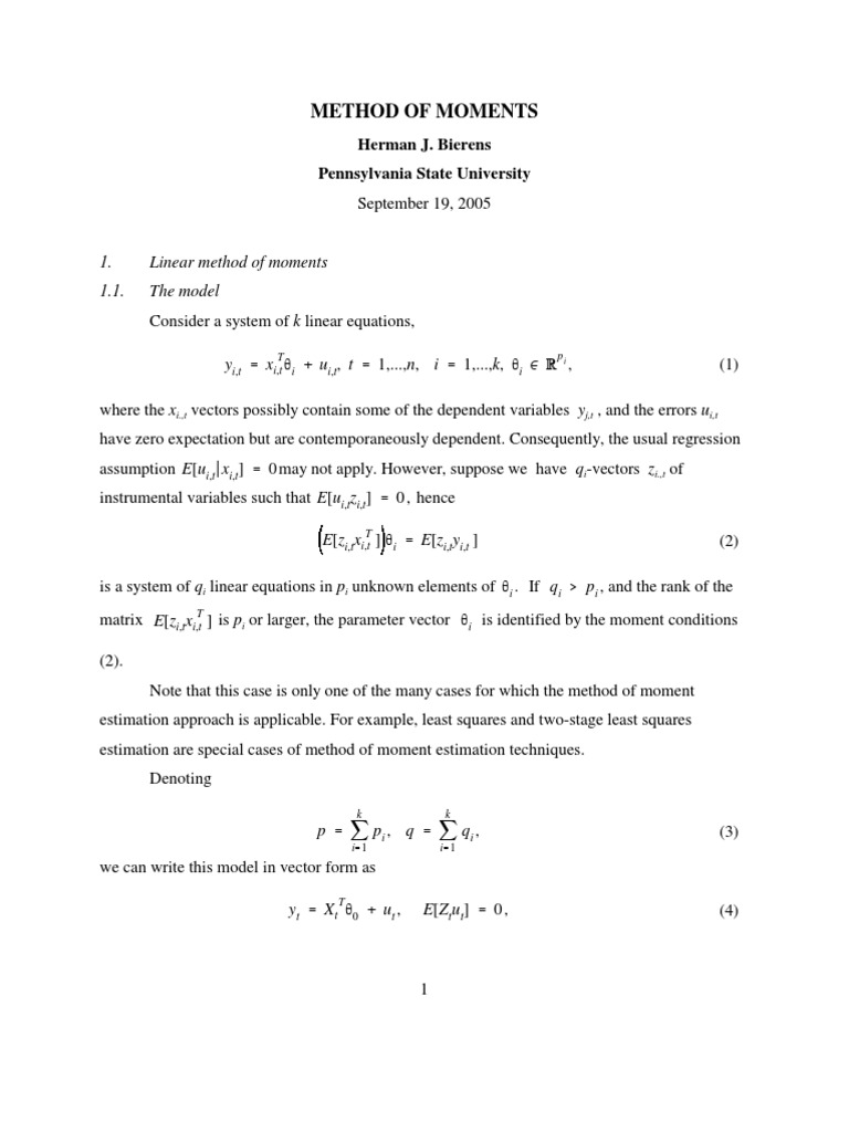 Linear Method of Moments 1.1. The Model | PDF | Statistical Theory ...