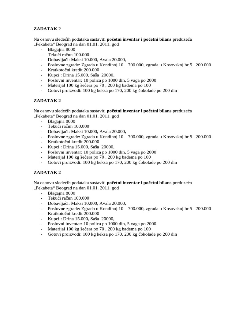 Zadatak 2 Vec5bebanje Inventar Bilans | PDF