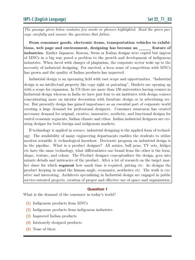 IBPS-C (English Language) Set 22 - T1 - 03 | PDF