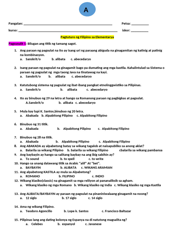 Pre Final Exam Filipino | PDF