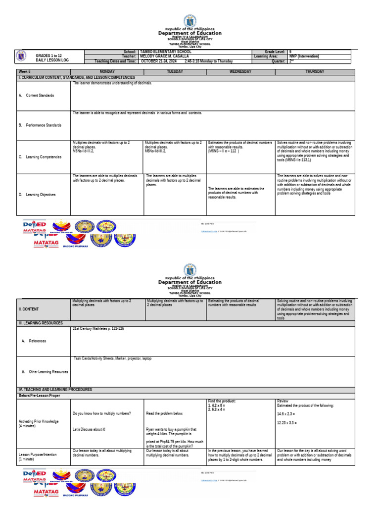 Grade 5 DLL Week 5: Multiplying Decimals | PDF | Multiplication ...