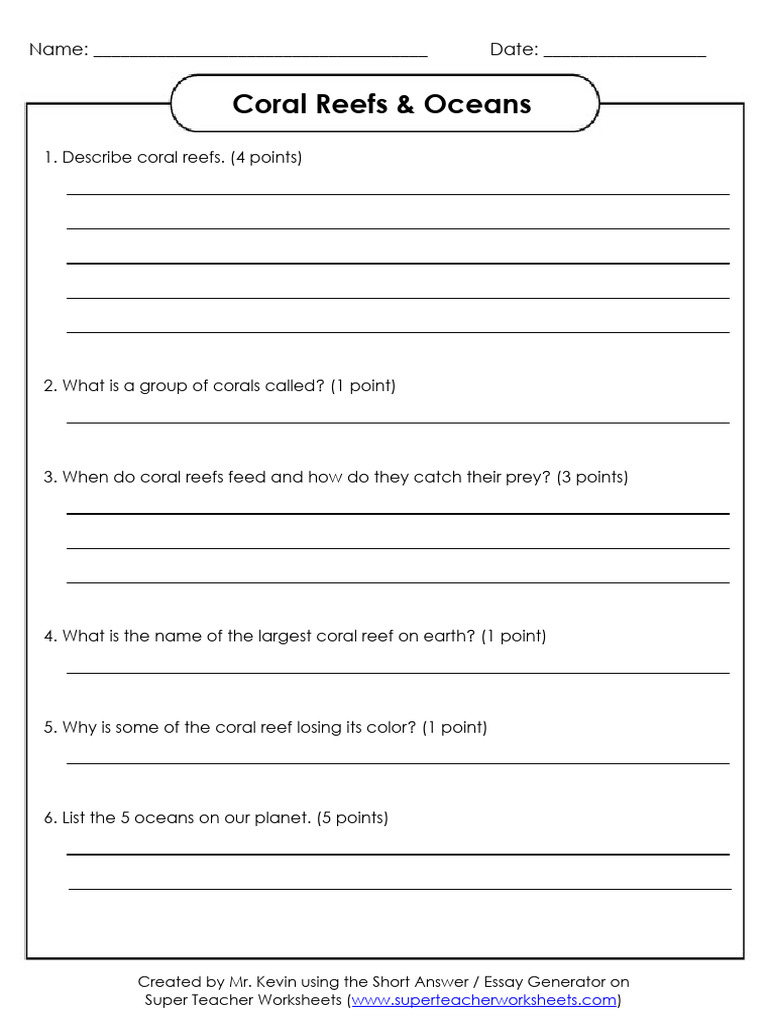 Coral Reefs & Oceans Worksheet | PDF | Science & Mathematics ...