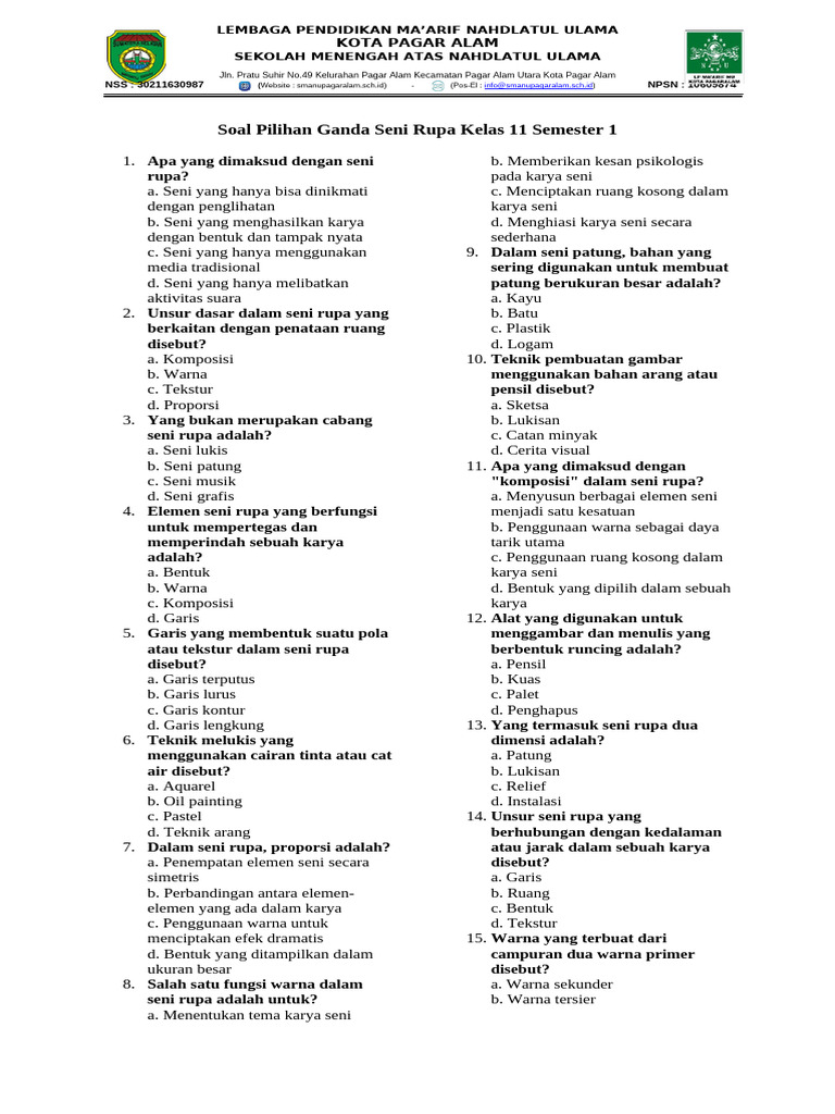 Soal Pilihan Ganda Seni Rupa Kelas 11 Semester 1 | PDF