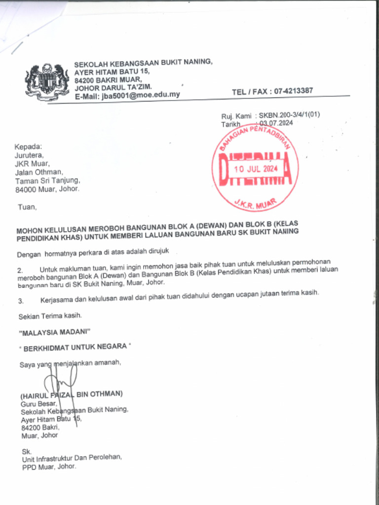 Contoh Surat - Mohon Kelulusan Meroboh SK Ayer Hitam BT 15 | PDF