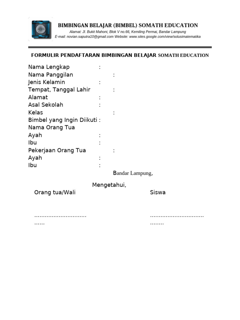 Contoh Formulir Pendaftaran Bimbel | PDF