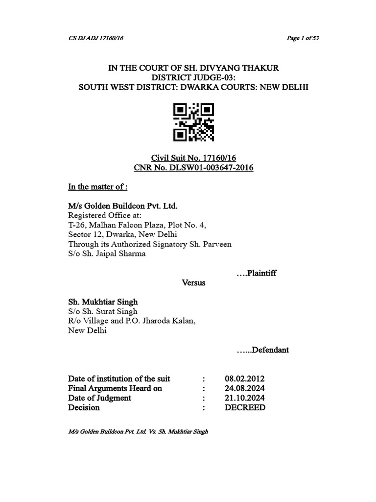 M S Golden Builder PVT LTD Vs Mukhtiar Singh On 21 October 2024 | PDF | Lawsuit | Burden Of ...