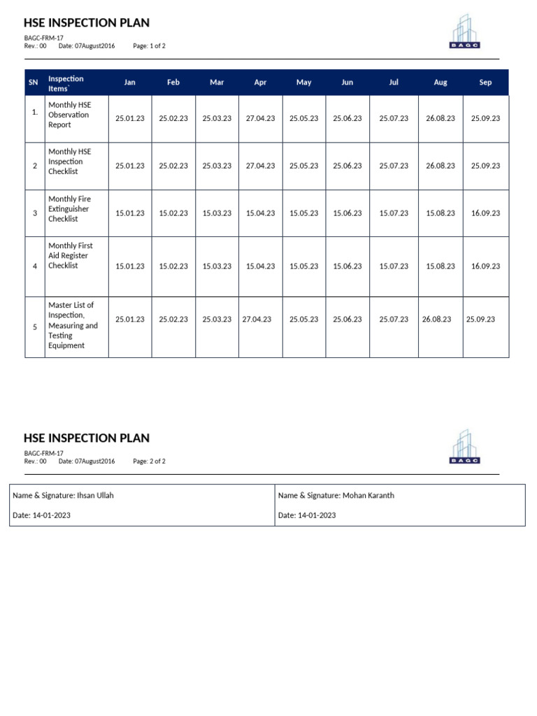 BAGC-FRM-17 (HSE Inspection Plan) 2023 SHC January 2023 | PDF | Science & Mathematics ...