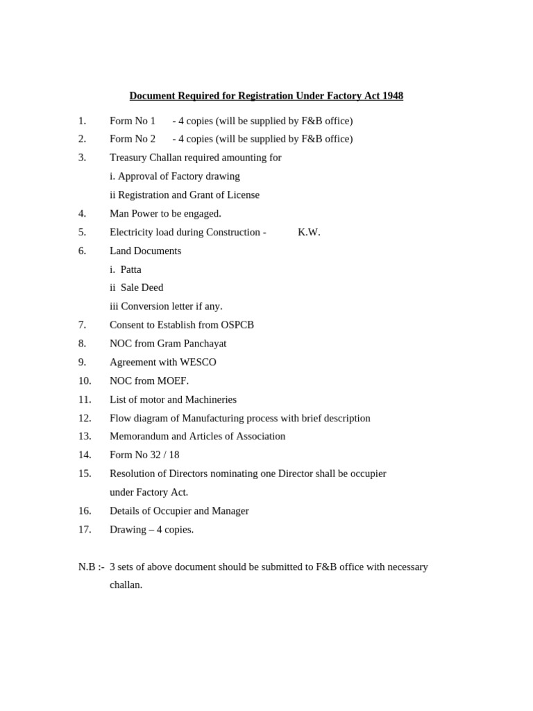 Document Required For Registration Under Factory Act 1948 | PDF ...