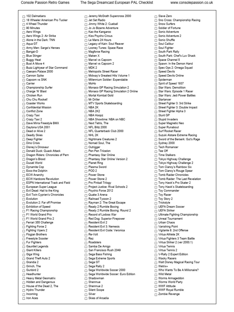 Sega Dreamcast PAL Game Checklist | PDF