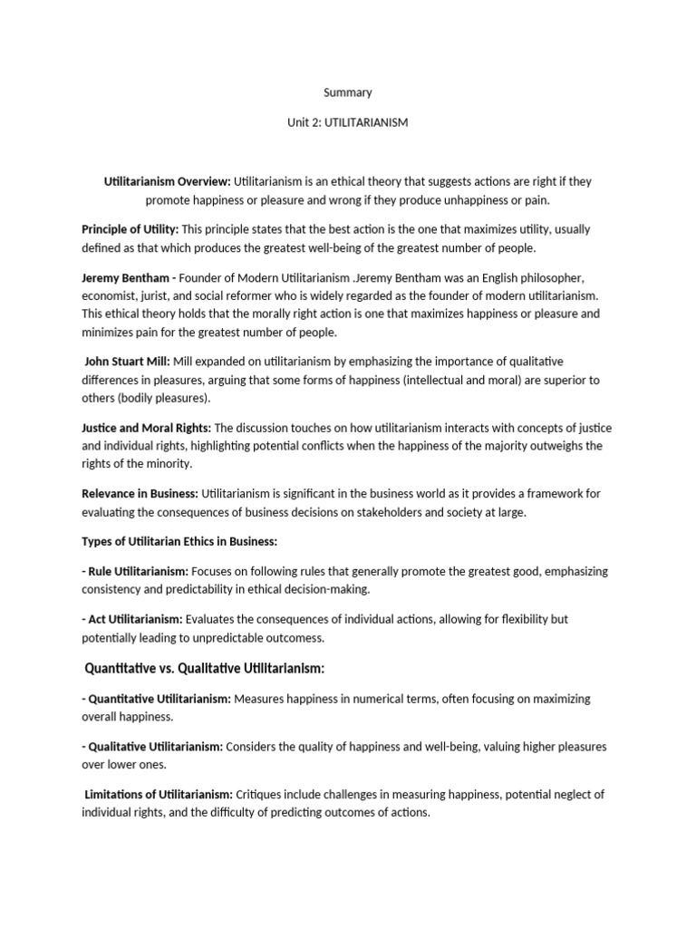 Summary Unit 2 Utilitarianism | PDF | Utilitarianism | Happiness