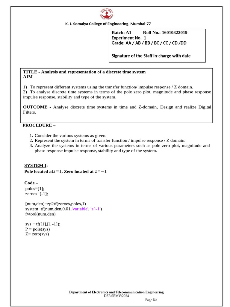 DSP - EXP1 - Analysis and Representation of A Discrete Time System ...