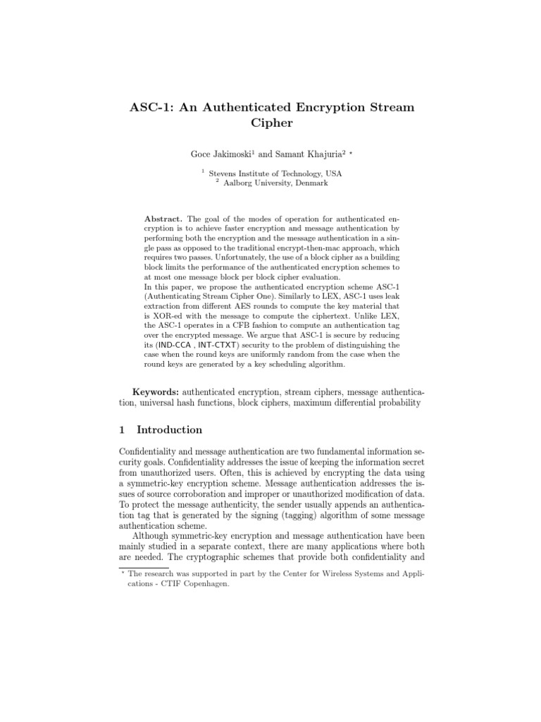 ASC-1: An Authenticated Encryption Stream Cipher: Abstract | PDF | Cryptography | Encryption