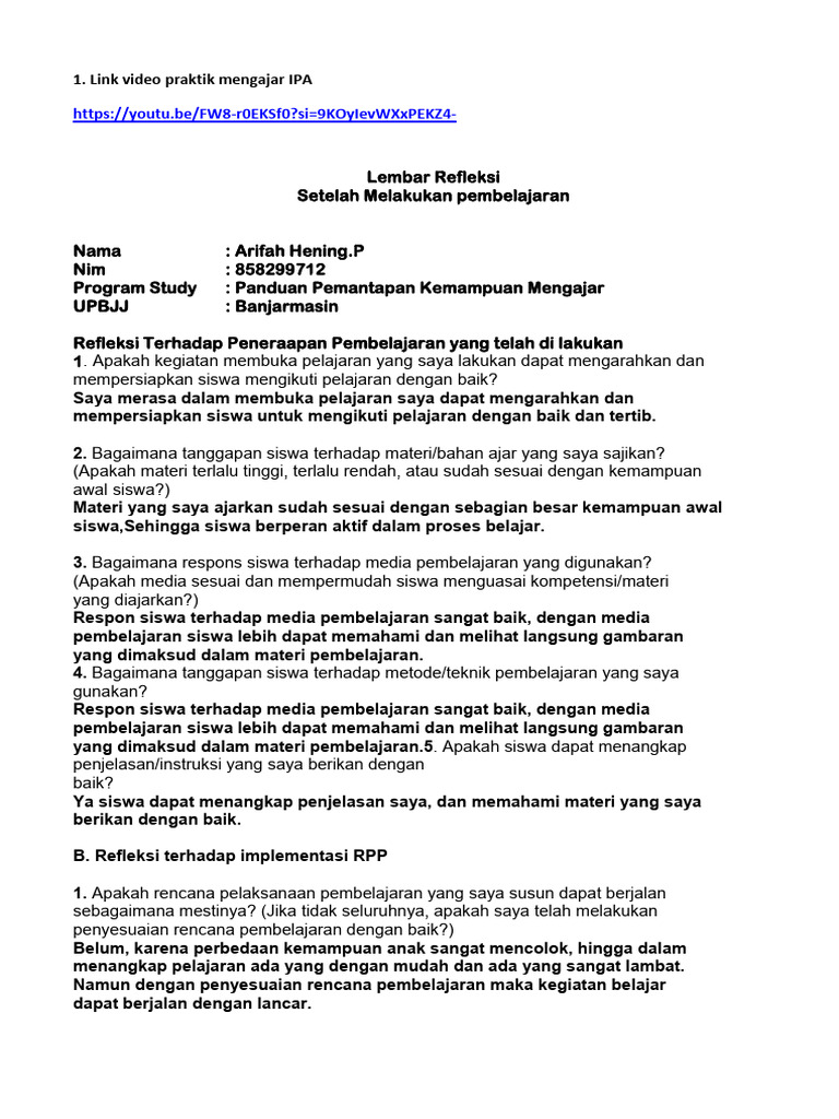 APKG 1 Dan 2 IPA, Link Video Dan Lembar Refleksi Baruuu | PDF