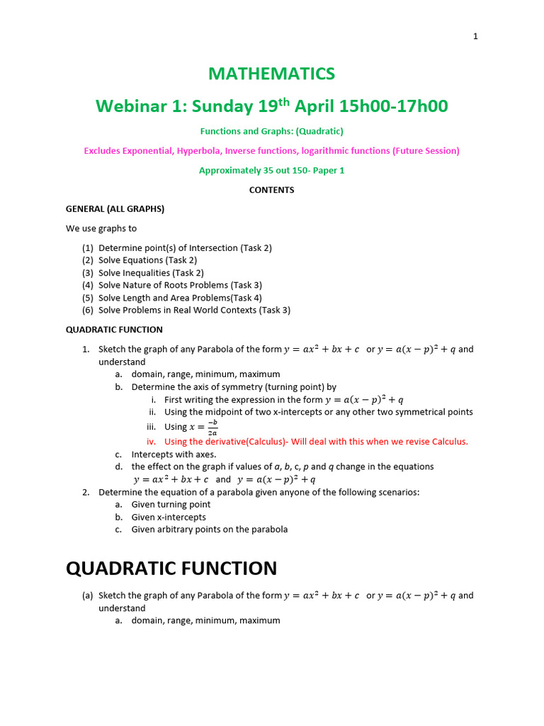 Mathematics Webinar 1 - Notes - Quadratic Function | PDF | Function ...