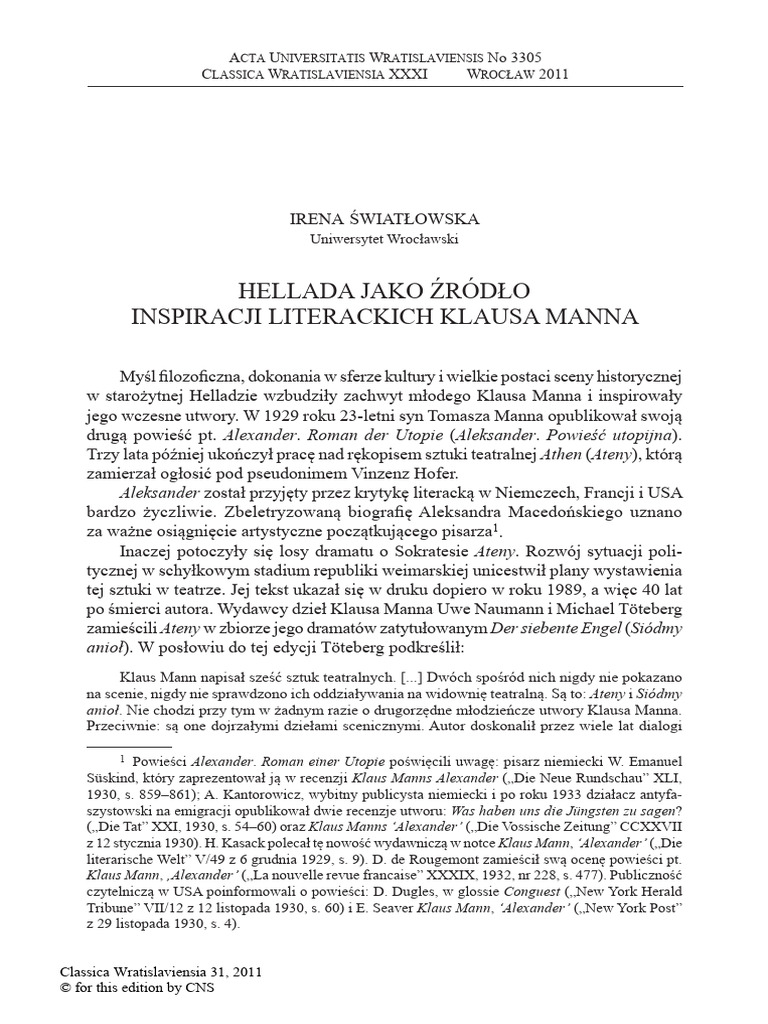 Hellada Jako Źródło Inspiracji Literackich Klausa Manna | PDF
