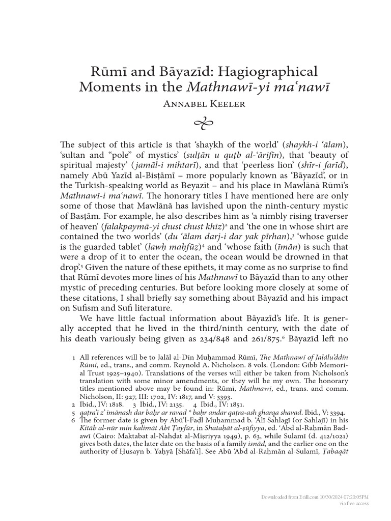 Rūmī and Bāyazīd - Hagiographical Moments in The Mathnawī-Yi Ma Nawī ...